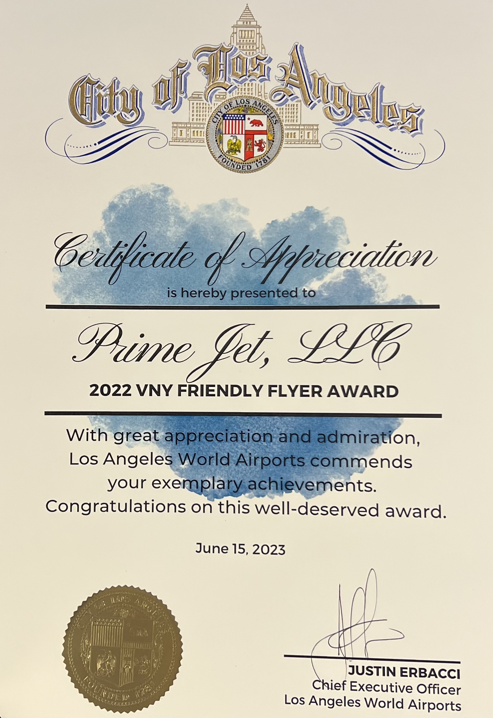 Prime Jet Wins Van Nuys Friendly Flyer Award - Prime Jet